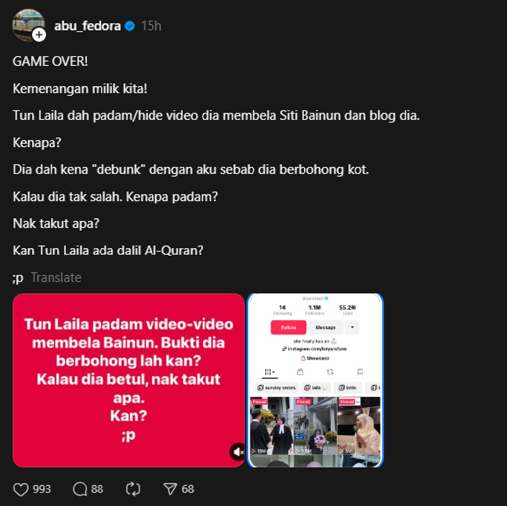 Ramai ‘Bersorak’ Tun Laila Padam Video Bela Siti Bainun – “Kemenangan ...