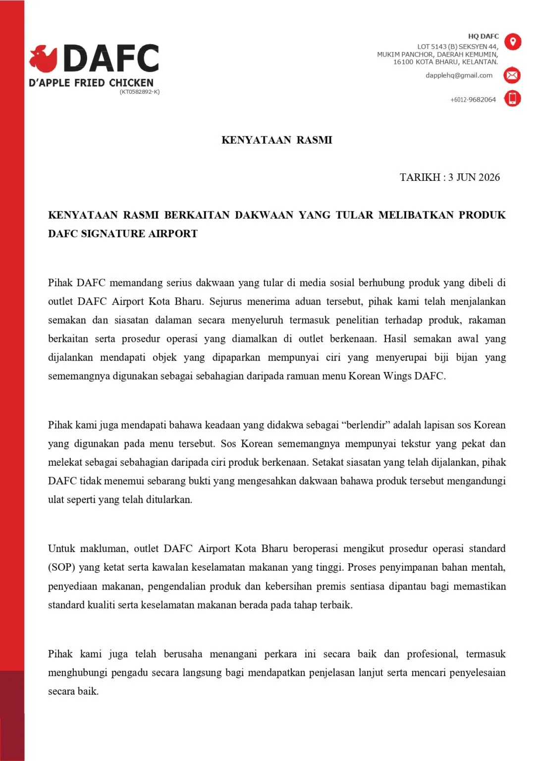 Pelanggan Dakwa Ayam Ada Telur Ulat, D’Apple Fried Chicken Tampil ...