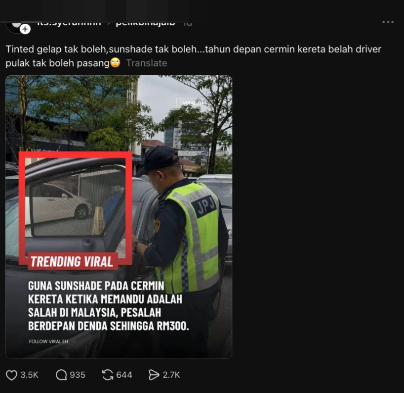 Pakai ‘Sunshade’ Pada Cermin Kereta Ketika Memandu Adalah Salah Di ...